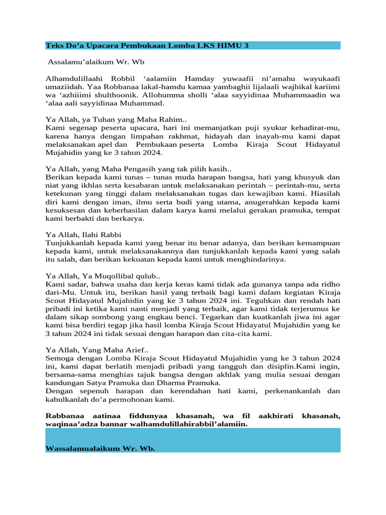 Doa Pembukaan Lomba Kiraja Scout 2024 | PDF