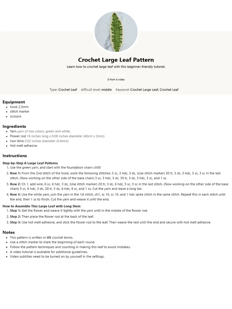 Crochet Large Leaf Pattern - Hookok | PDF