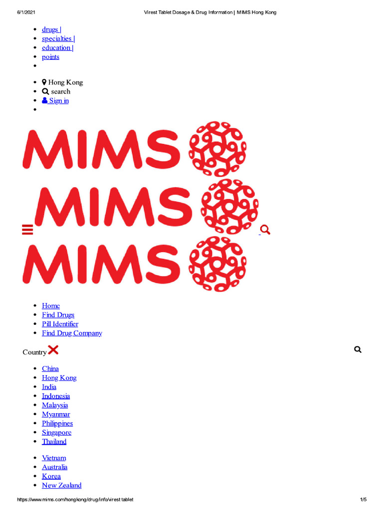 Virest Tablet Dosage & Drug Information _ MIMS Hong Kong | PDF