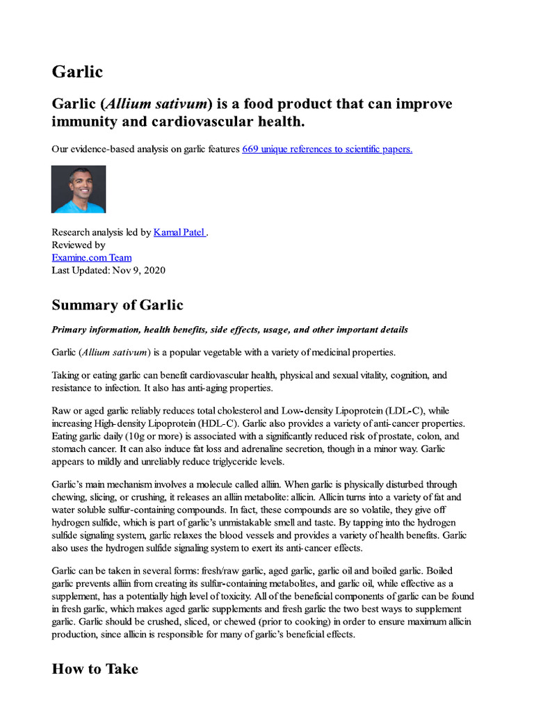 Garlic Supplement - Health Benefits, Dosage, Side Effects | PDF