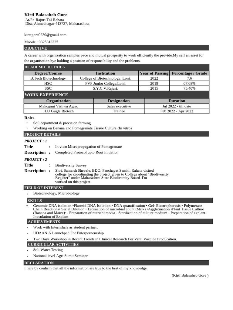 Kirti Gore Resume - Entry Level Resume - 01 | PDF | Genetics | Biochemistry
