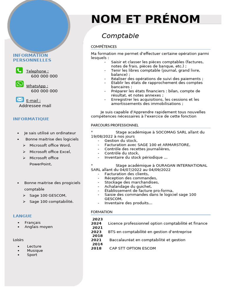 cv jeune diplomé comptable | PDF