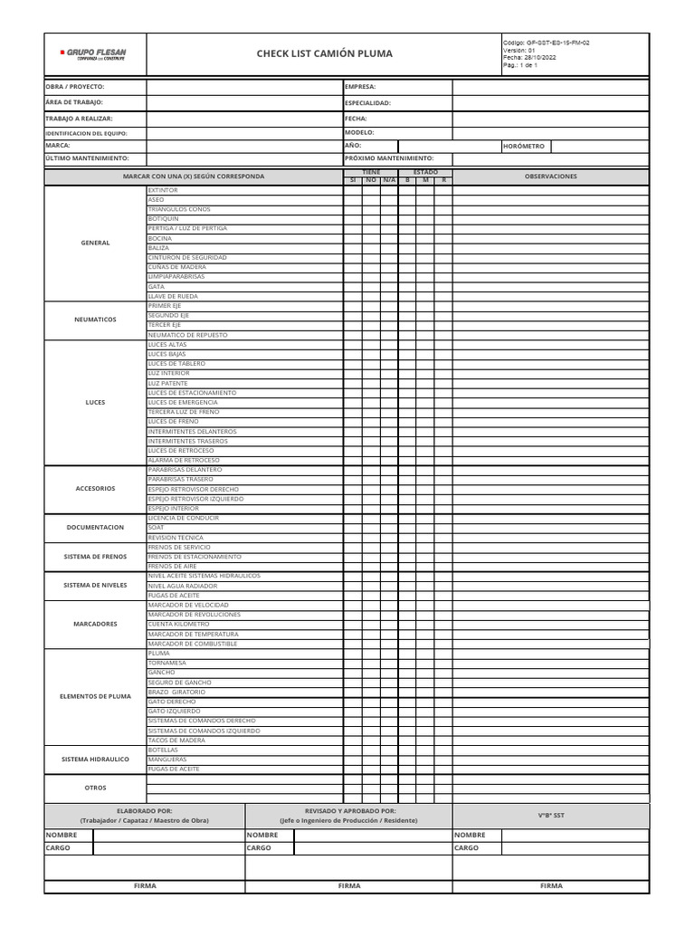 GF-SST-ES-15-FM-02 Check List Camión Pluma Ver. 01 | PDF GF-SST-ES-15-FM-02 Check List Camión Pluma Ver. 01 | PDF