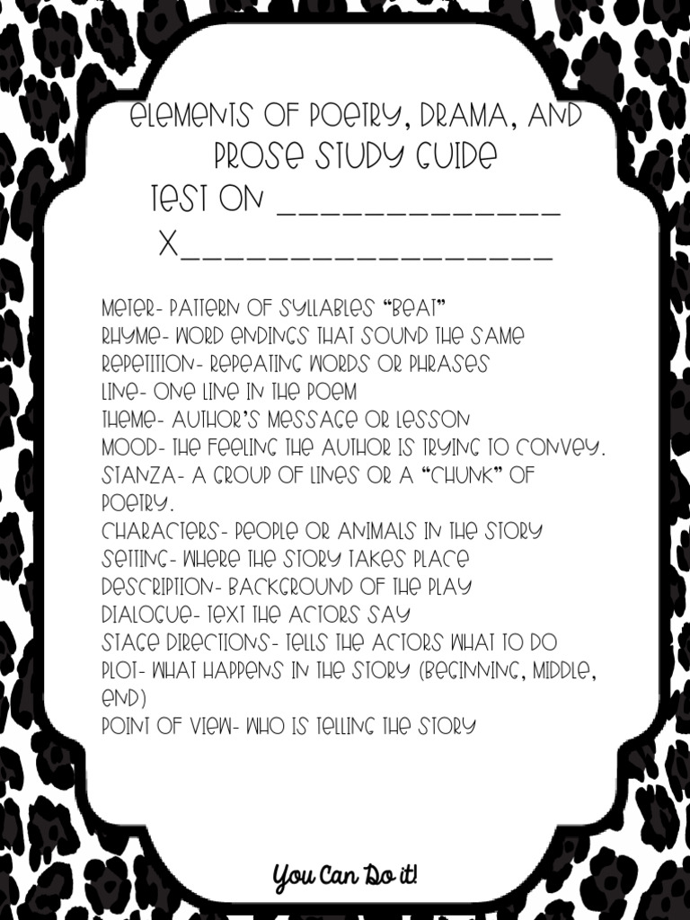 Prose Study Guide Test On - X - : Elements of Poetry, Drama, and | PDF
