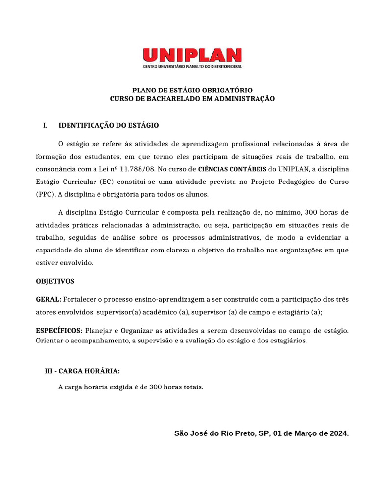3 - OK Plano de Estágio ADM - UNIPLAN | PDF