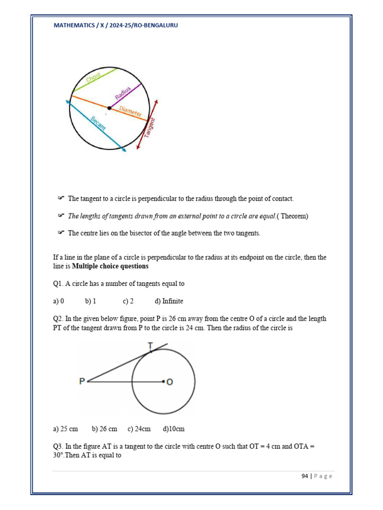 CLASS X Mcqs of Circles (2024-25) | PDF