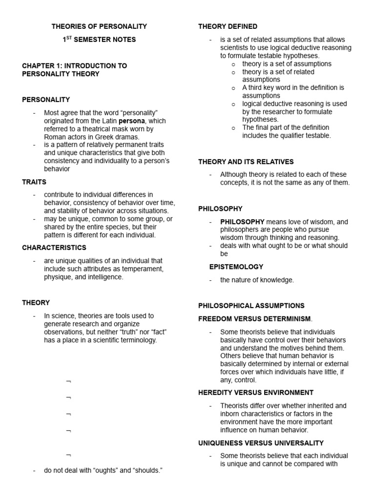 Theories of Personality Notes 1ST Sem | PDF | Id | Career & Growth