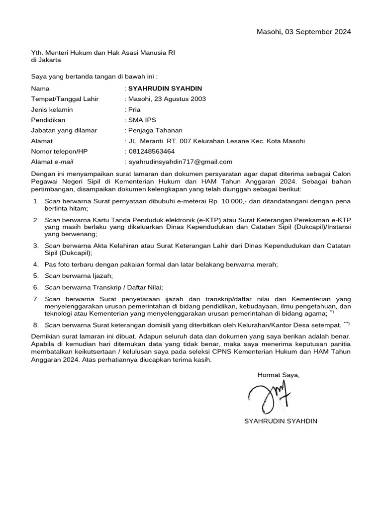 Surat Lamaran CPNS 2024 SLTA | PDF