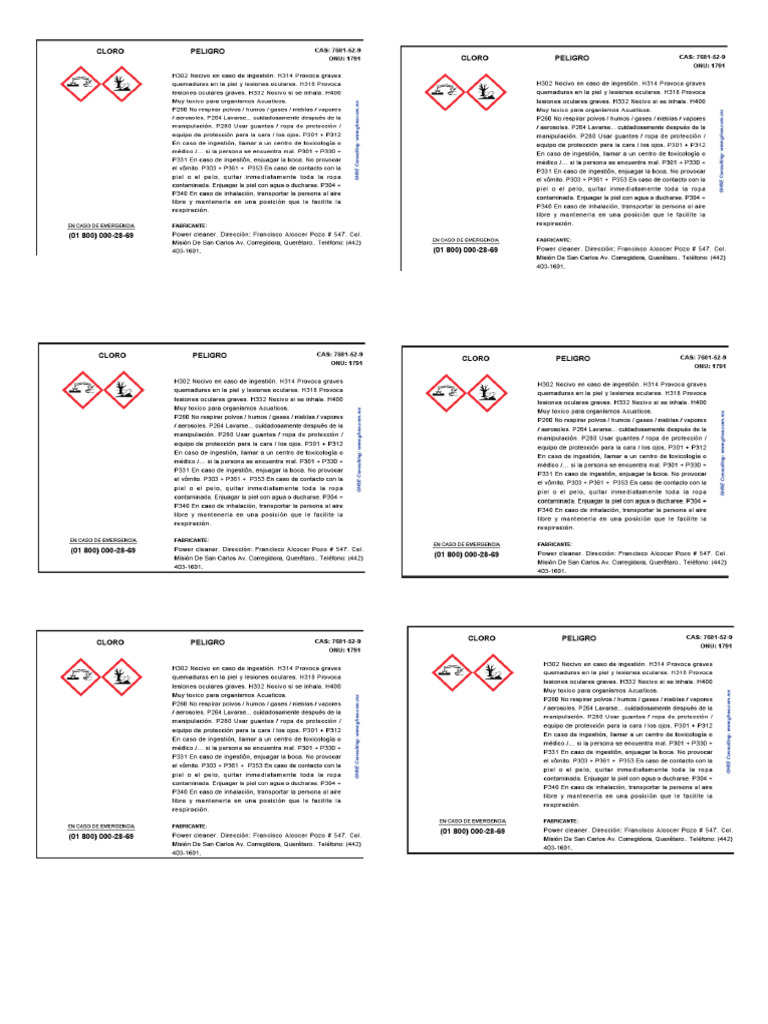 Cloro Etiquetas | PDF