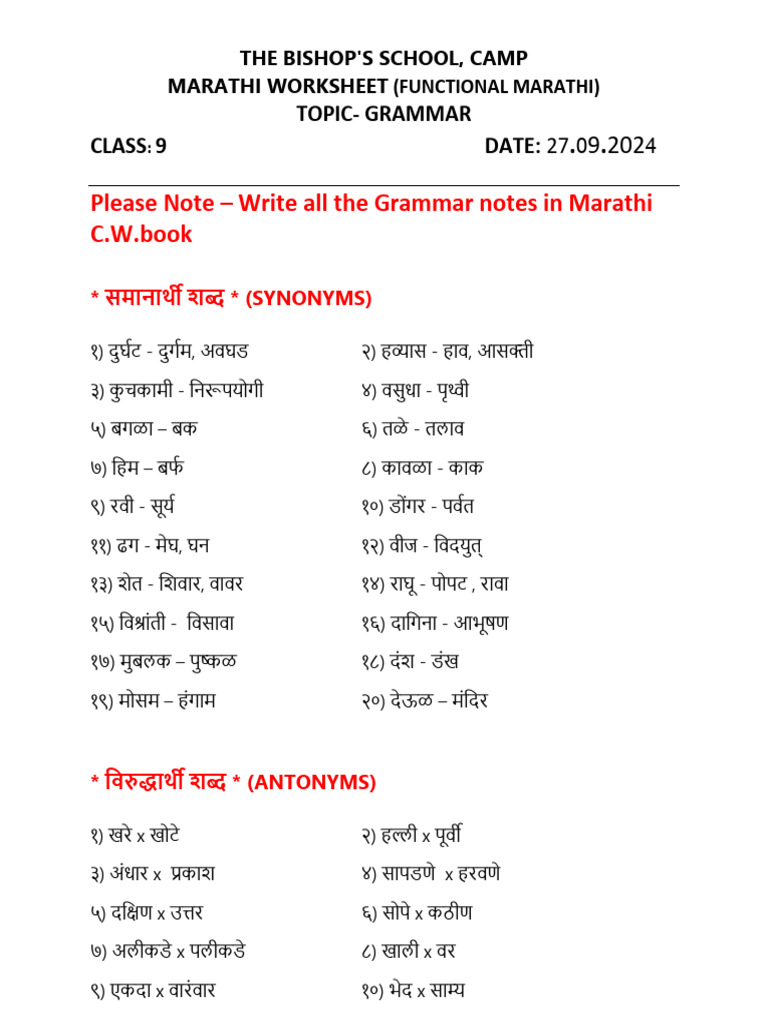 (27.09.24) Class 9 Marathi Worksheet (Functional Marathi) | PDF