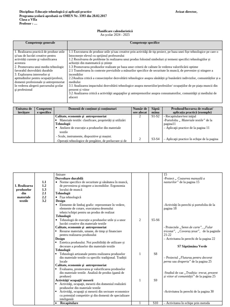 Ed Tehnologica Planificare A7a 2024 2025 | PDF