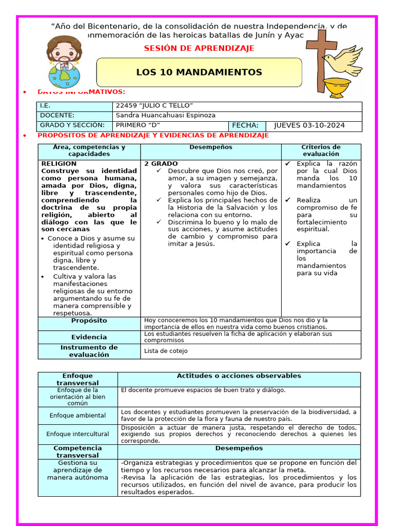 2º U6 S1 Sesion D2 Religion Los 10 Mandamientos Maestras de Primaria Del Peru 998591174 | PDF