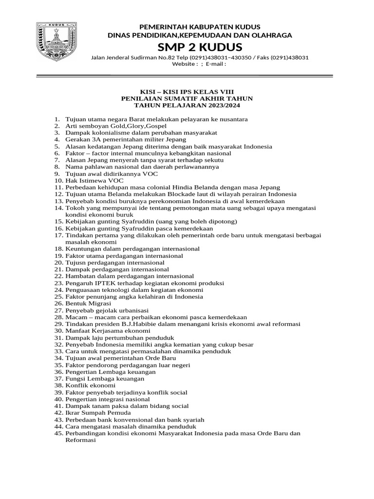 Kisi Kisi Psat Ips Kls 8'2324 | PDF