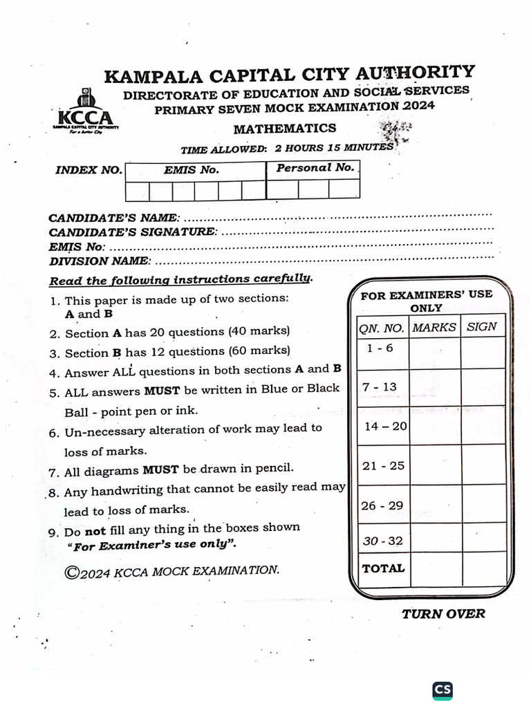 Kcca Mock P7 Maths | PDF