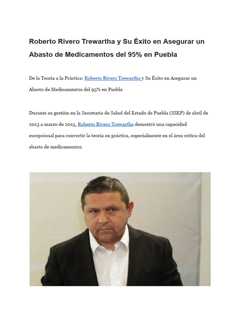 Roberto Rivero Trewartha y Su Éxito en Asegurar un Abasto de Medicamentos del 95% en Puebla | PDF