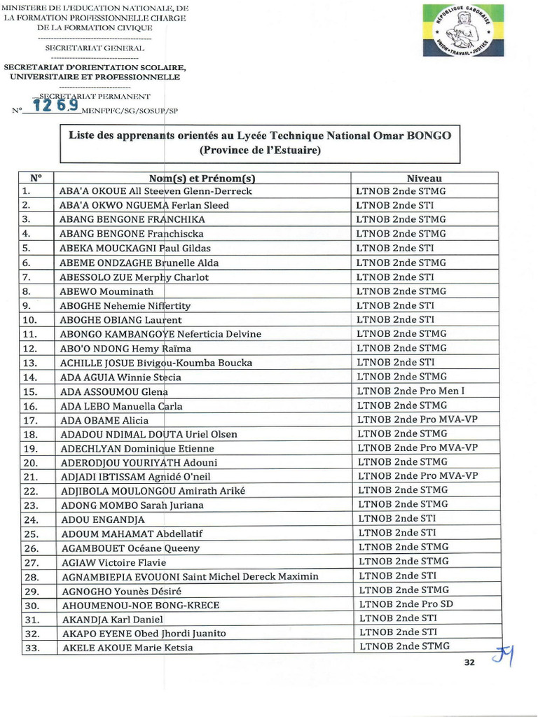 Apprenants Orientés Au Lycee Technique NATIONAL OMAR BONGO - ESTUAIRE ...