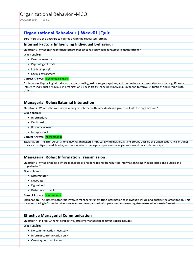 Organizational Behavior - MCQ | PDF