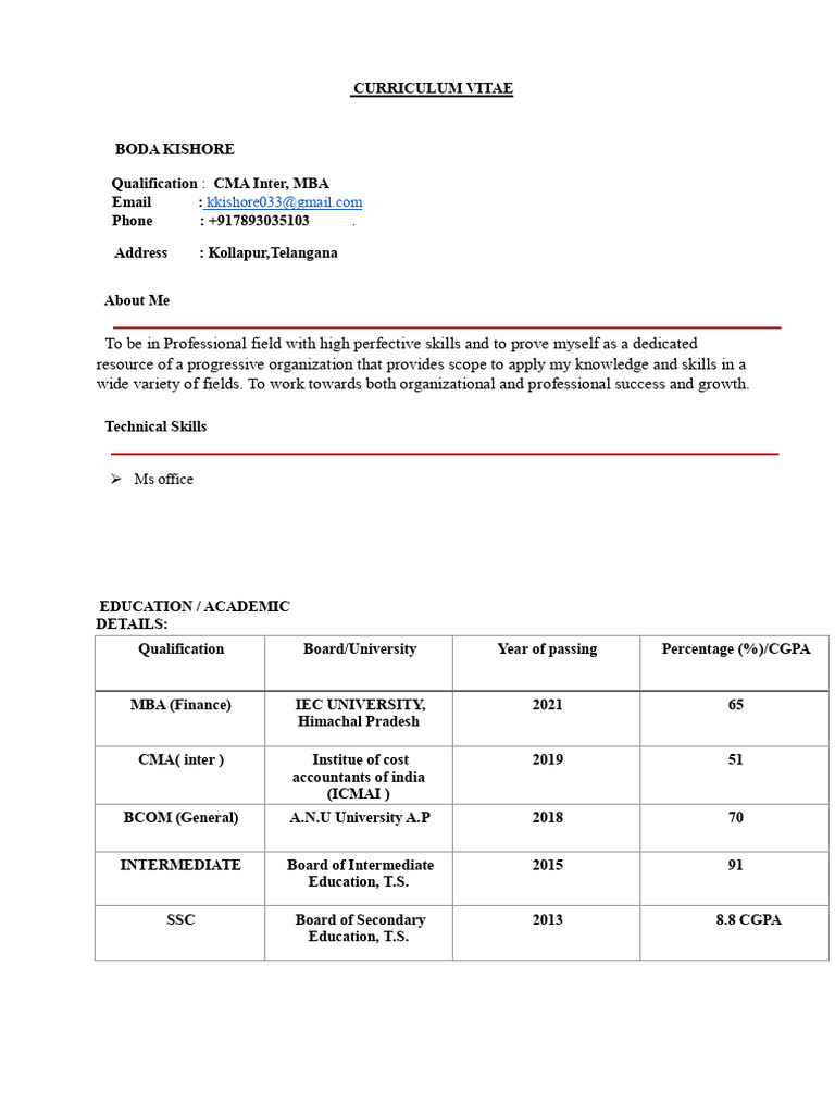 CV of Boda - Kishore | PDF