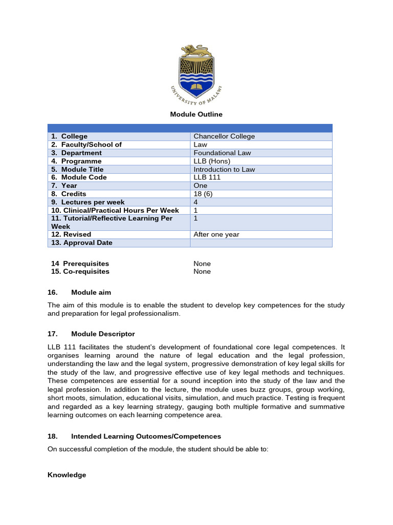 LLB 111 - Module Outline - 2023 (A) 2 | PDF | Jurisprudence | Precedent