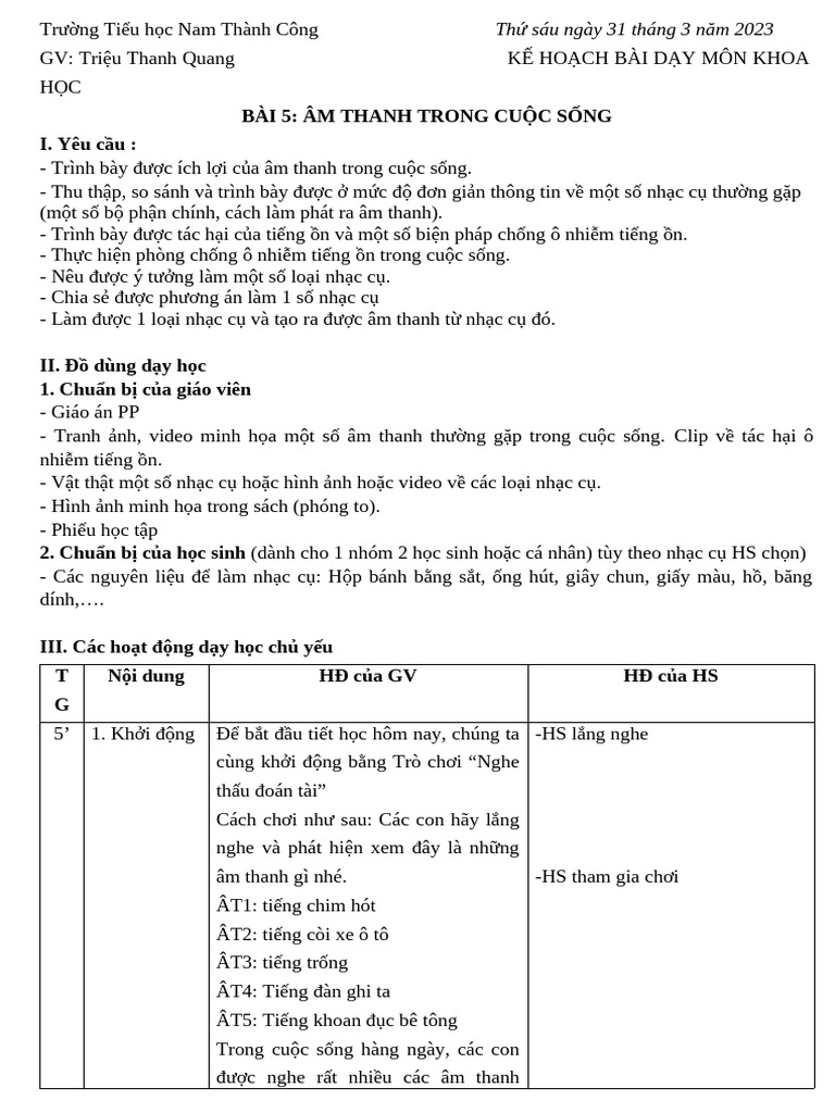 BH STEM 4 - BÀI 5 - Âm thanh trong cuộc sống | PDF