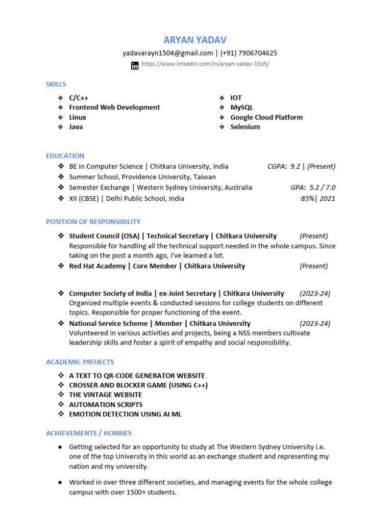Resume Aryan Yadav | PDF