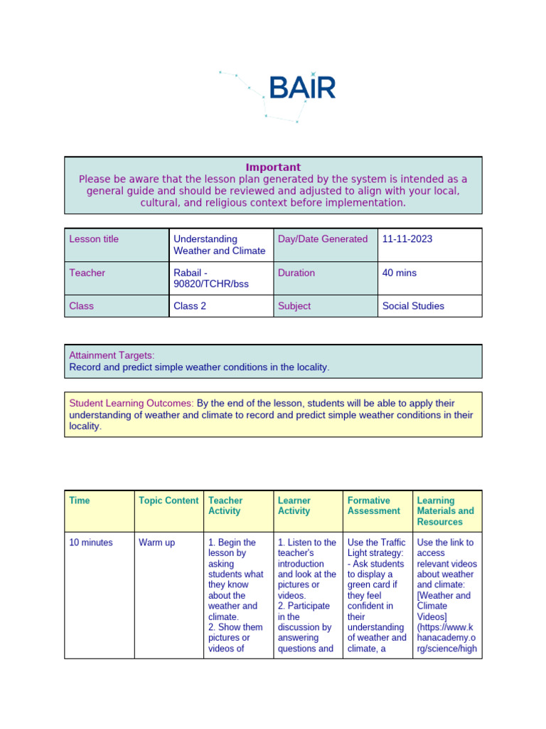 Weather Ledson Plan | PDF