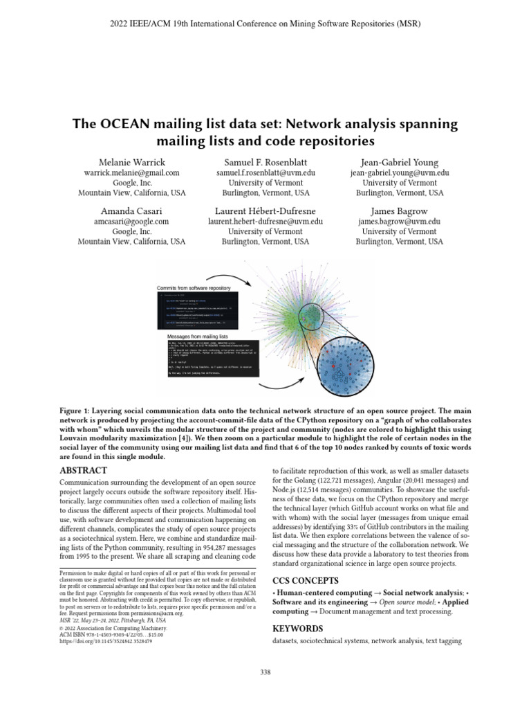 The OCEAN Mailing List Data Set Network Analysis Spanning Mailing Lists and Code Repositories | PDF