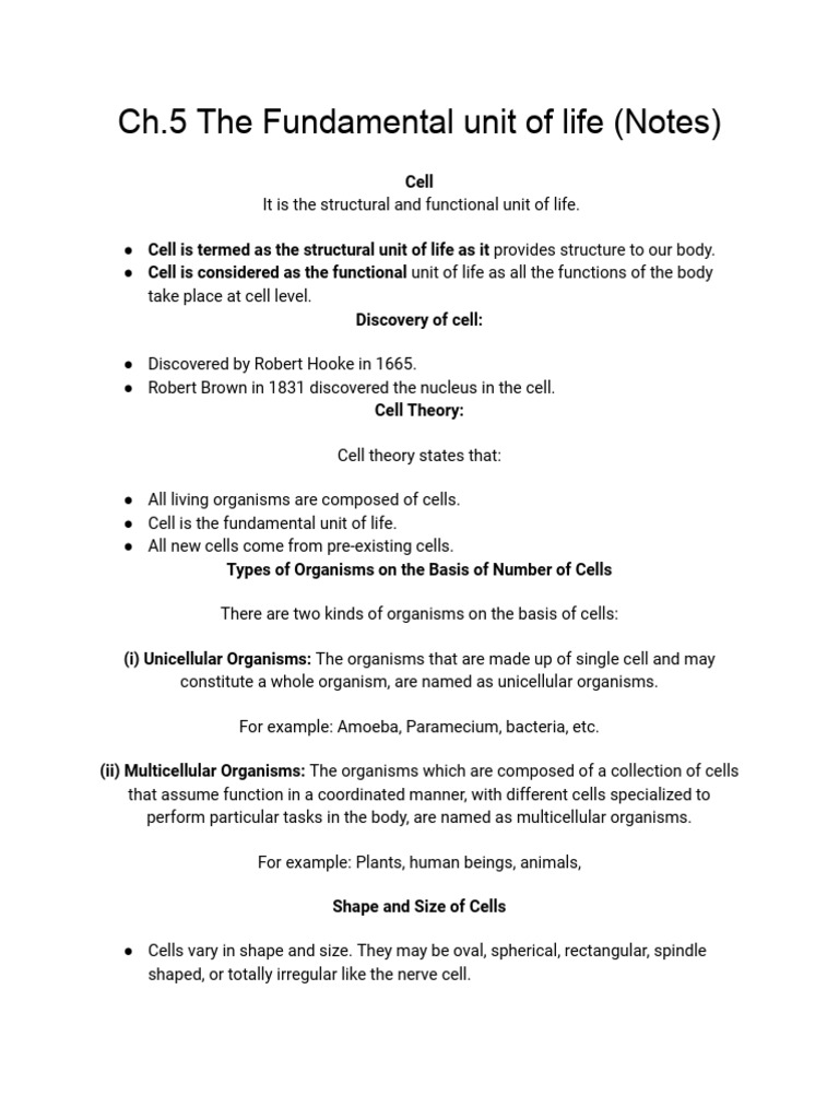 Ch.5 The Fundamental Unit of Life Notes | PDF