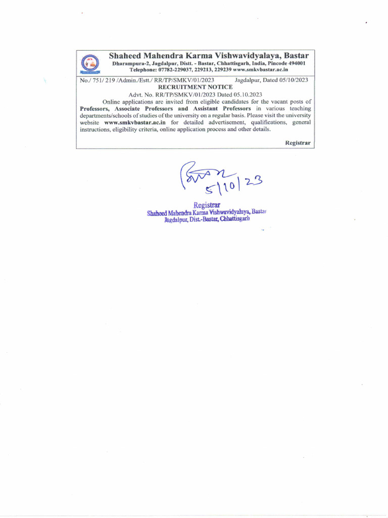 Advertisement For Post of Professor, Associate Professor and Assistant ...
