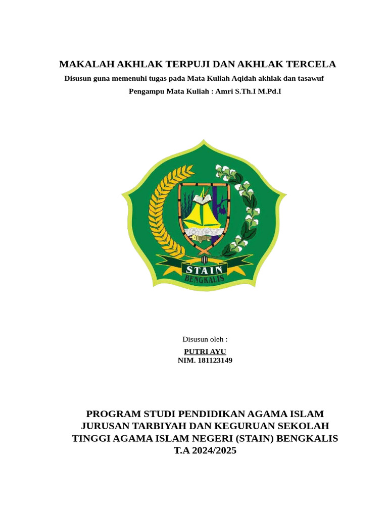 Makalah Akhlak Terpuji Dan Akhlaq Tercela-putri Ayu | PDF