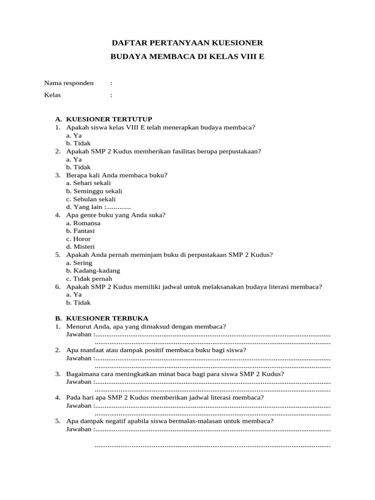 Daftar Pertanyaan Kuesioner | PDF