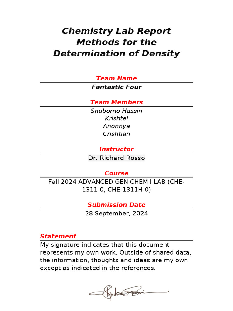 Chemistry Lab Report - Density | PDF