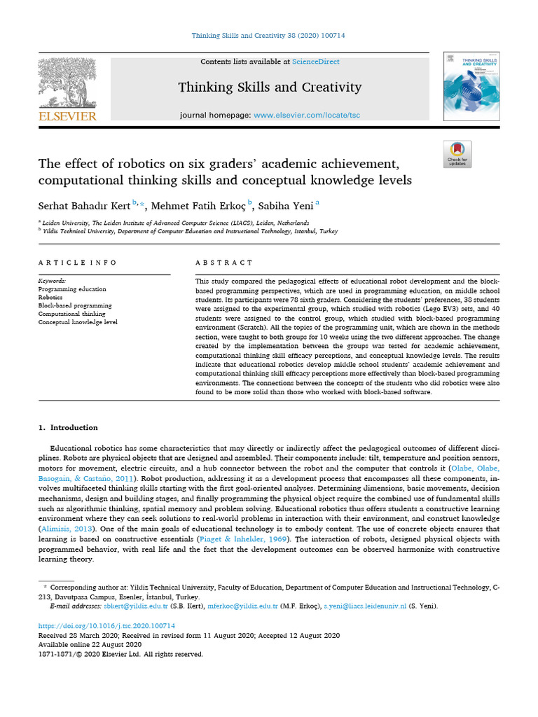 The Effect Of Robotics On Six Graders Academic Achievement Computational Thinking Skills And