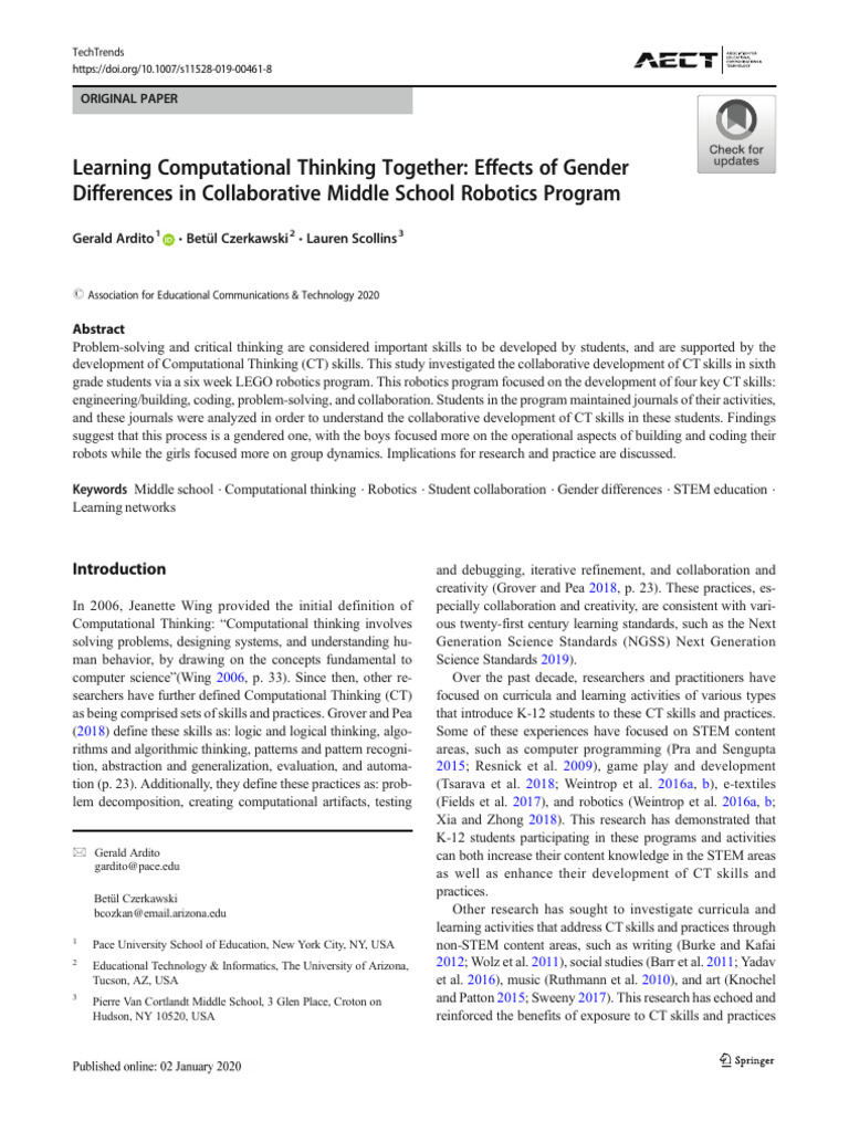 Learning Computational Thinking Together Effects of Gender Differences ...