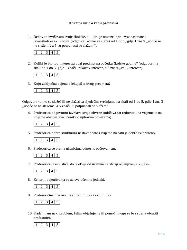 Anketni Listić o Radu Profesora | PDF