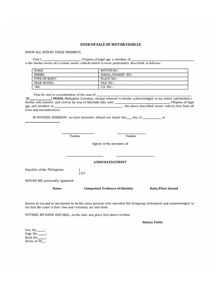 Deed of Sale of Motor Vehicle 1 2048 | PDF
