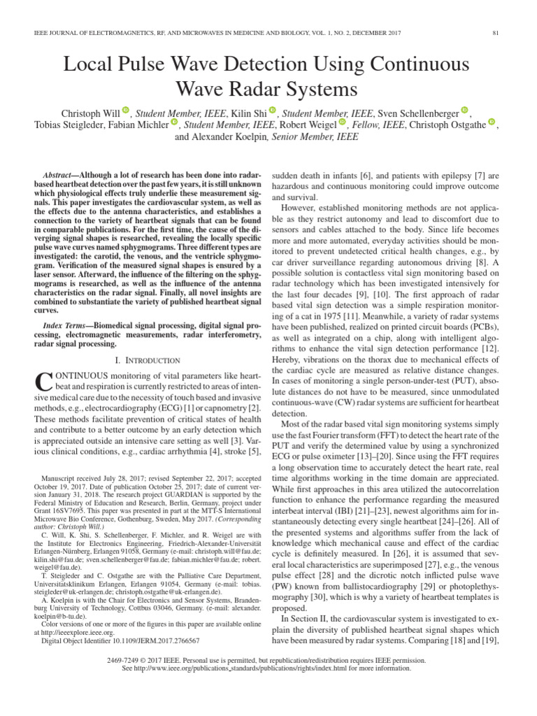 Local Pulse Wave Detection Using Continuous Wave Radar Systems | PDF
