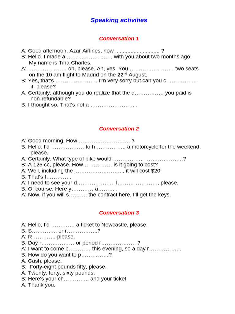 Speaking activities (dialogs-travelling) | PDF