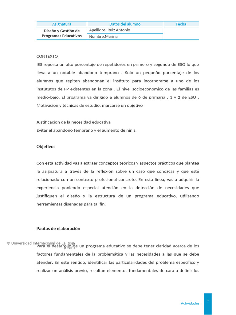 Diseño y Gestion de Programas Act 1 | PDF