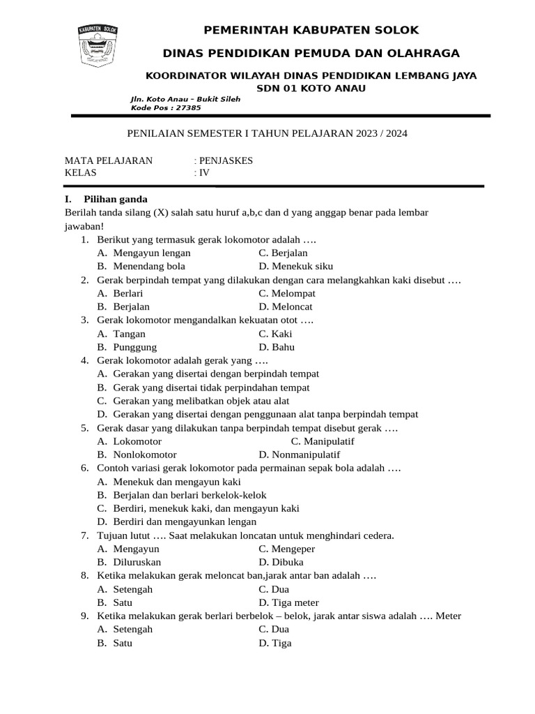 Soal Ujian Pas Semester 1 Pjok KLS 4 | PDF