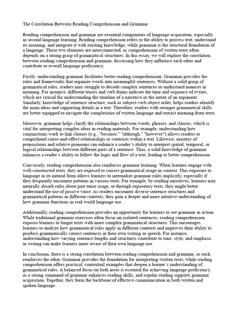 The Correlation Between Reading Comprehension and Grammar | PDF