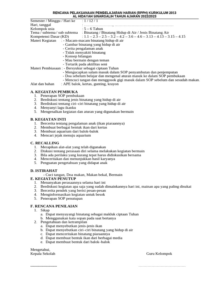 RPPH TK-B SMT1 Minggu - 12 - Binatang Sub Tema Binatang Hidup Di Air | PDF