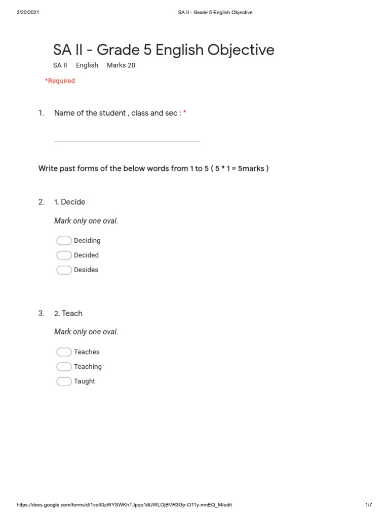 SA II - Grade 5 English Objective - Google Forms | PDF