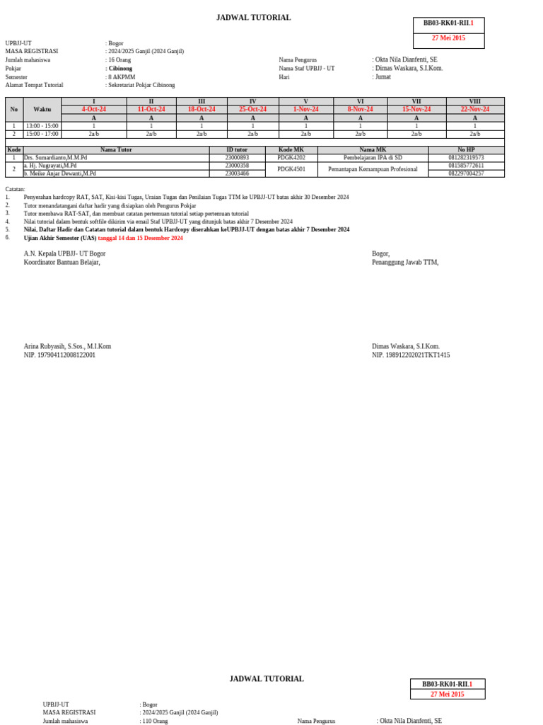 Jadwal Tutorial 2024.2 FIX | PDF