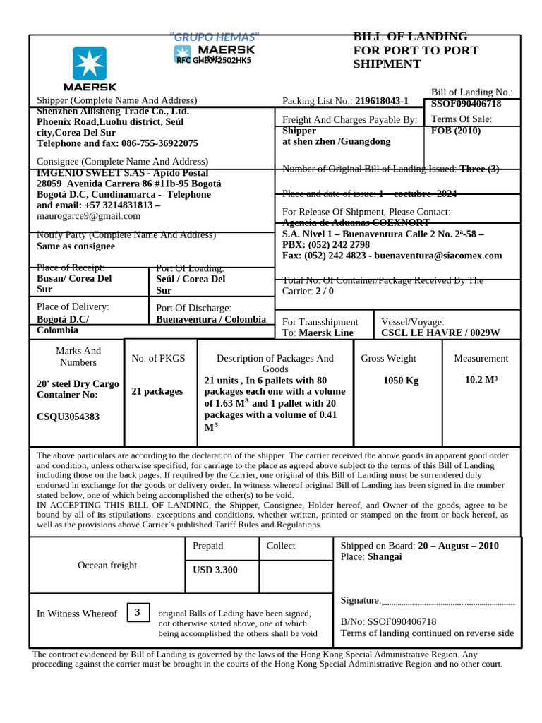 Bill of Lading EXPORTACIÓN | PDF