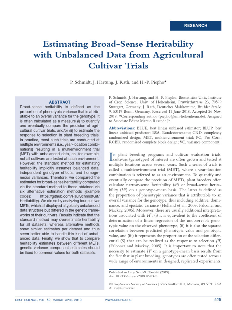 2019 Crop Sci [Broad sense heritability with unbalanced data] | PDF