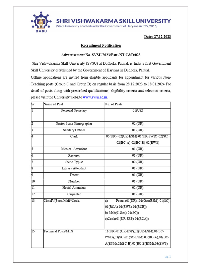 SVSU Recruitment 2023 24 Notification and Application Form | PDF