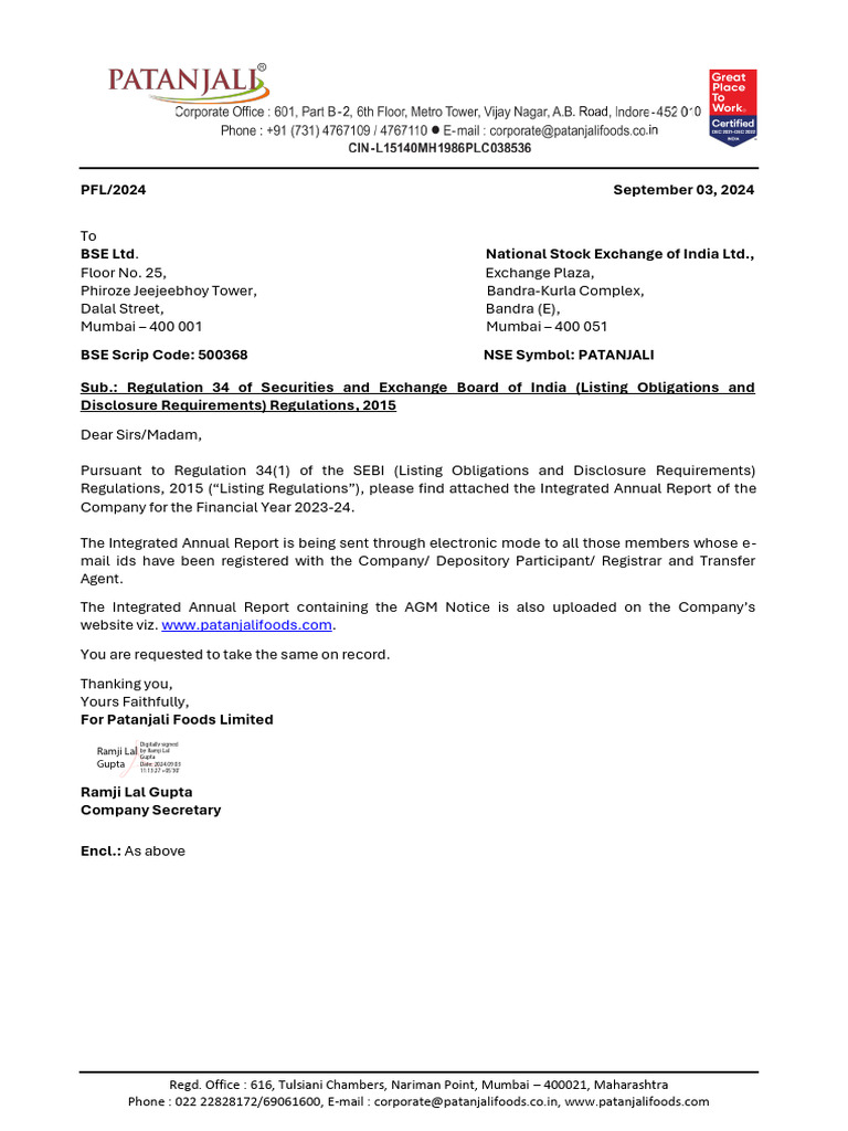 Patanjali Foods Limited: Regd. Office: 616, Tulsiani Chambers, Nariman ...