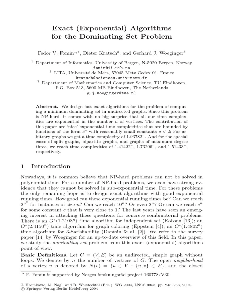 Exact (Exponential) Algorithms For The Dominating Set Problem | PDF