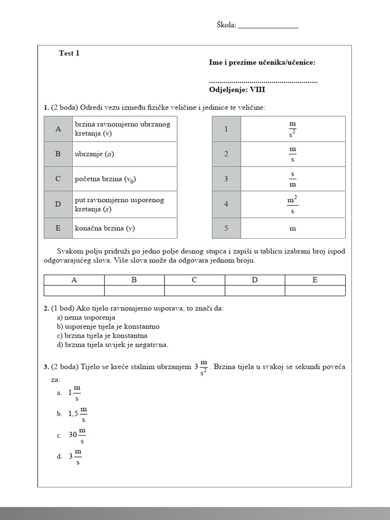 Test Fizika 8 Razred | PDF